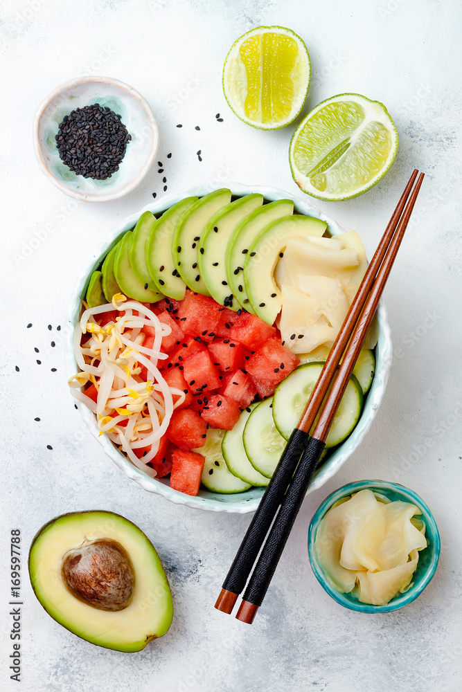 Hawaiian watermelon poke bowl with avocado, cucumber, mung bean sprouts ...