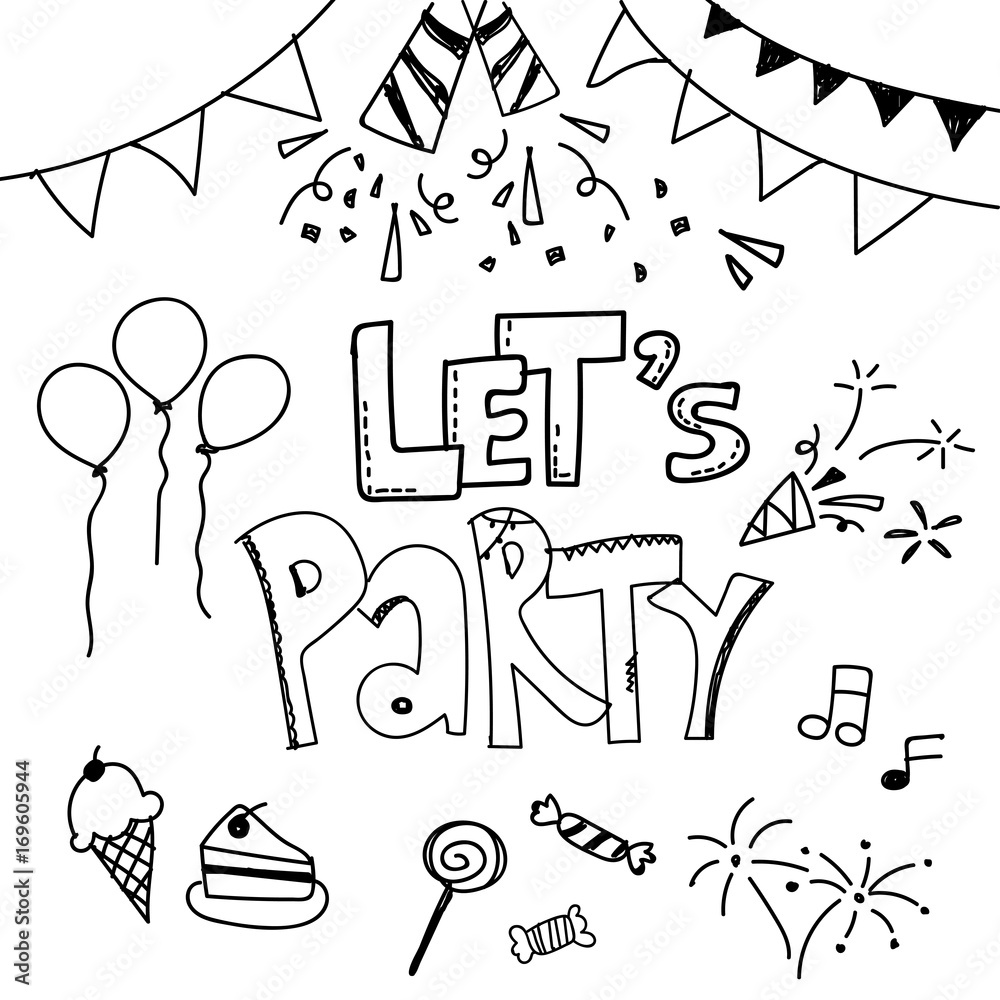 Doodle cartoon sketch art design let's party decoration element set for ...