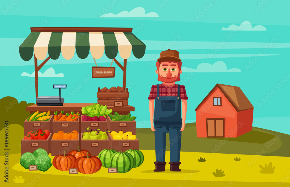 Farm shop. Local stall market. Selling vegetables. Cartoon vector ...