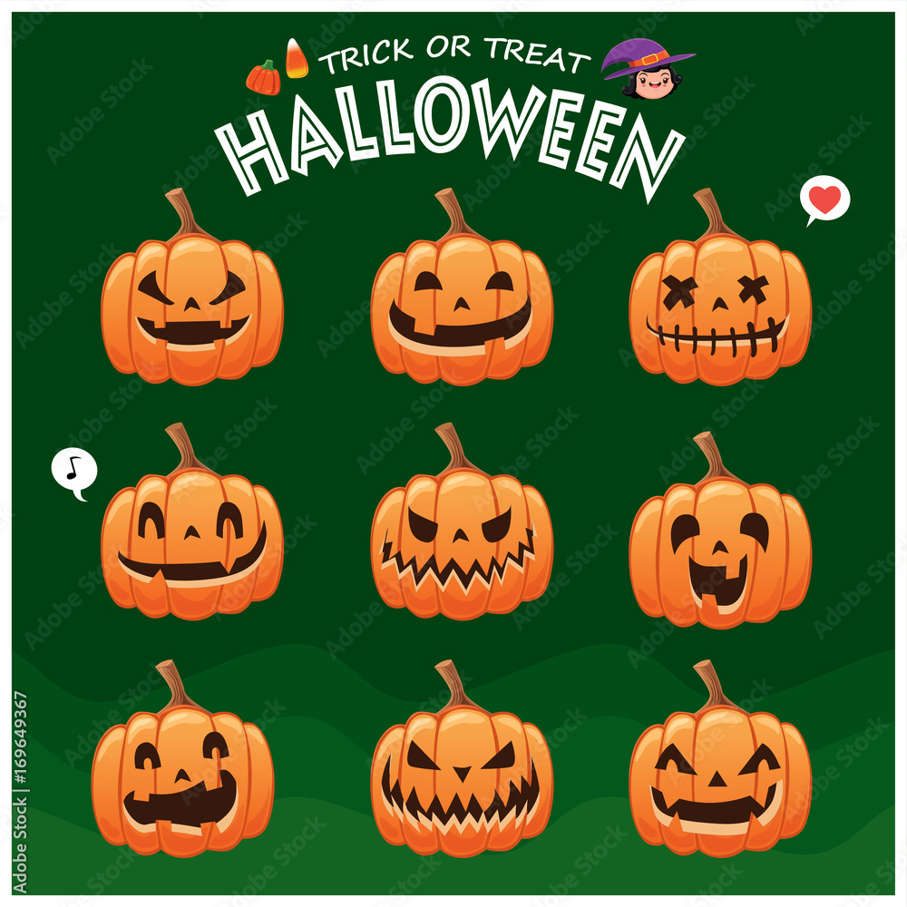 Vintage Halloween poster design with vector jack o lantern character ...