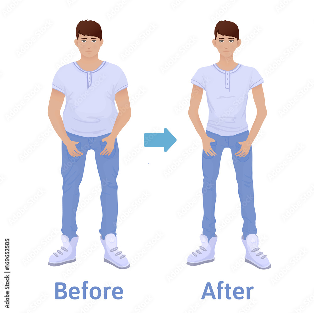 Young man before and after diet and fitness. Weight loss. Fat and thin ...
