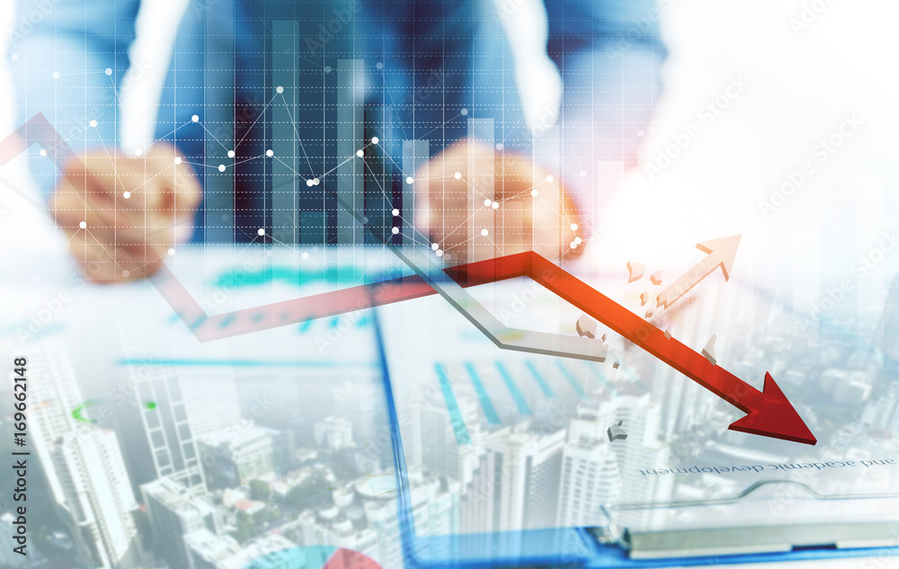 Businessman point at decreasing graph and increasing broken graph with ...