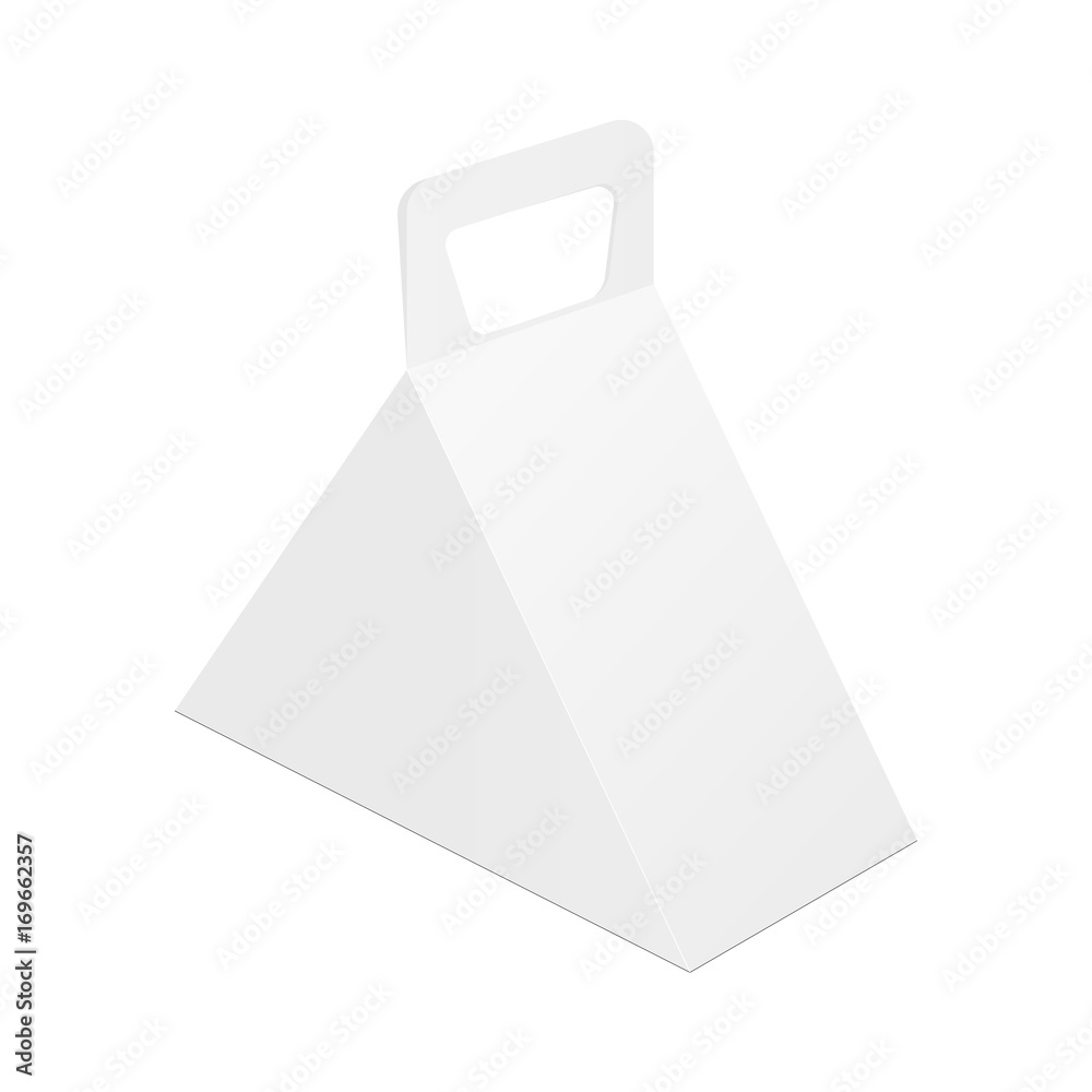 White blank cardboard triangle box mockup with hang tab. Carry box ...