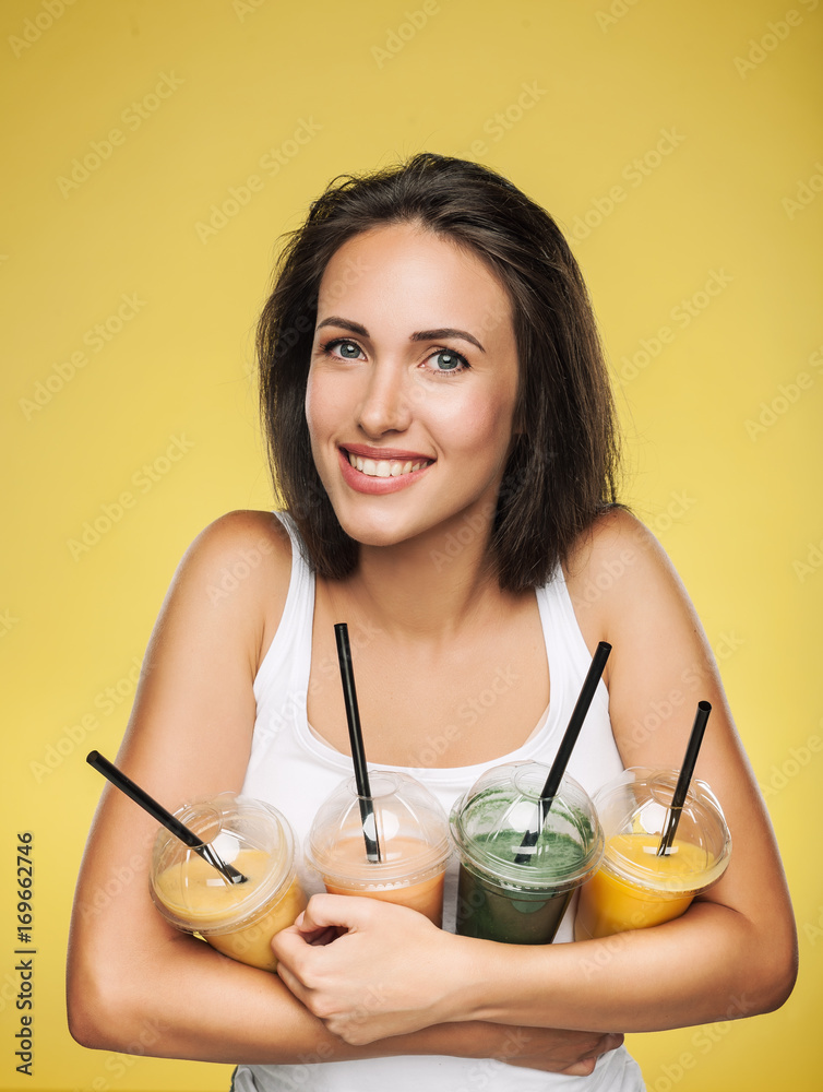 Happy Smiling Woman Holding Smoothie Stock Foto Adobe Stock