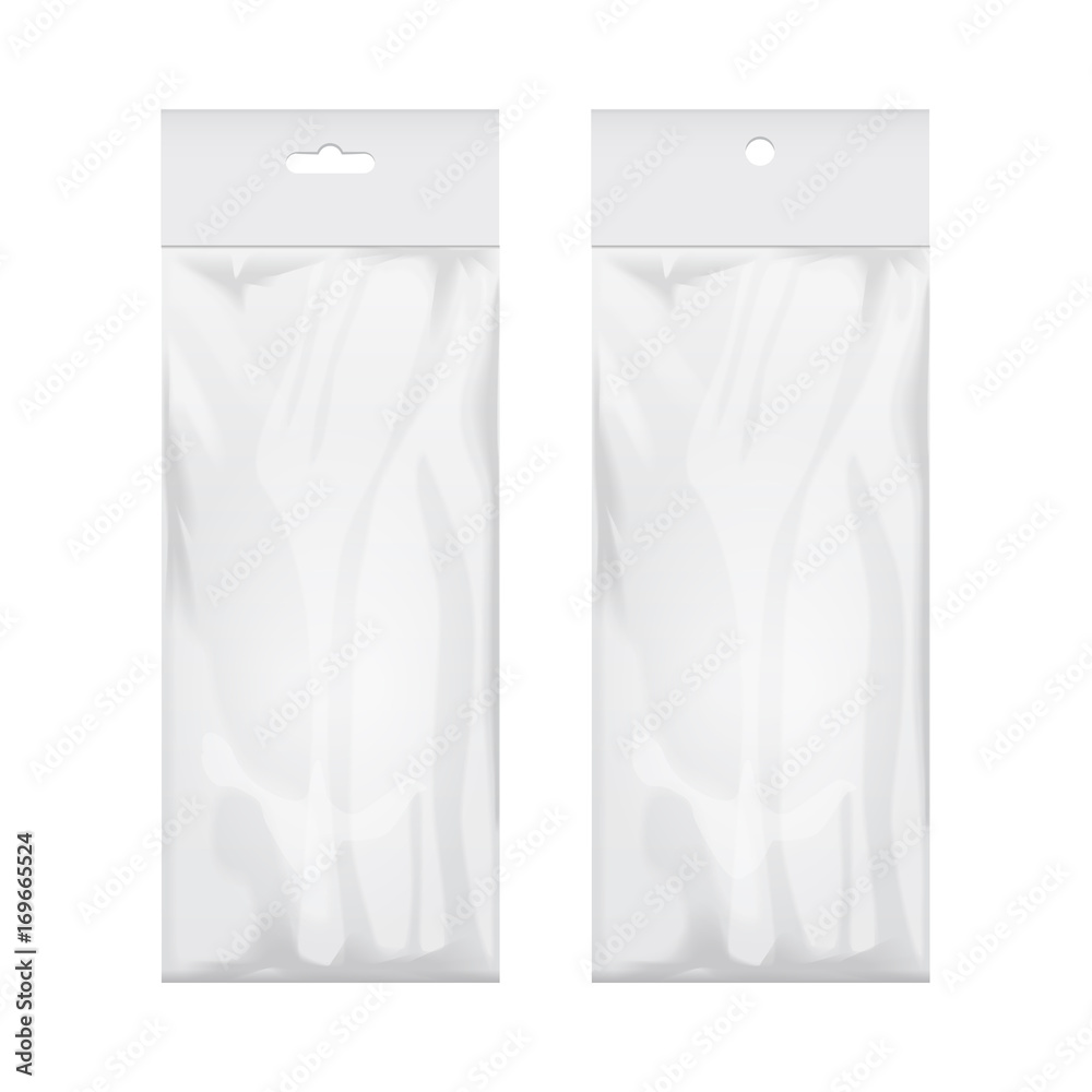Set of blank transparent plastic bag template. White packaging with ...