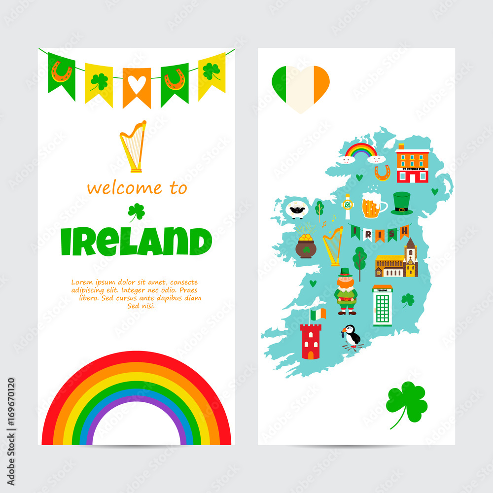 Background template with tourist map of Ireland with landmarks, symbols ...
