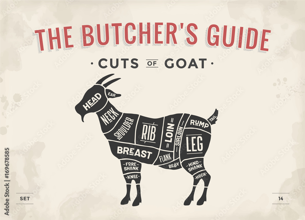 Cut of meat set. Poster Butcher diagram, scheme - Goat. Vintage ...