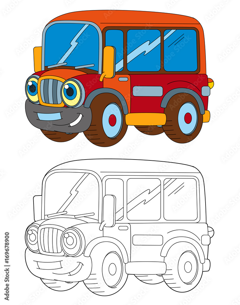 Cartoon happy and funny cartoon bus looking and smiling - coloring page ...