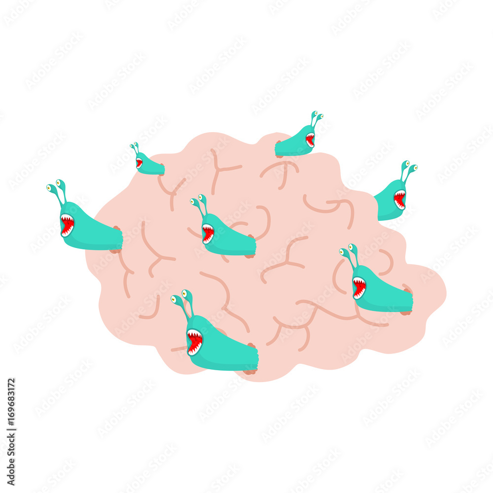 Brain and worms. Parasites eat brains. many worm Stock Vector | Adobe Stock