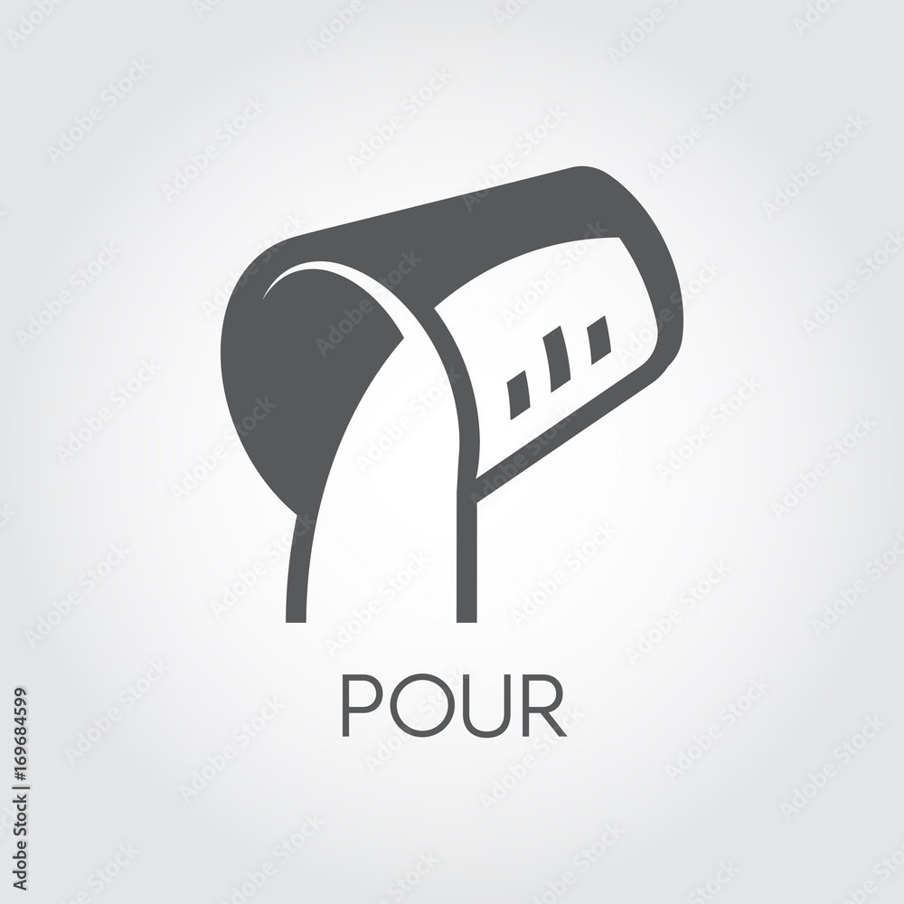 Pouring icon from measuring cup of abstract liquid. Black flat label ...