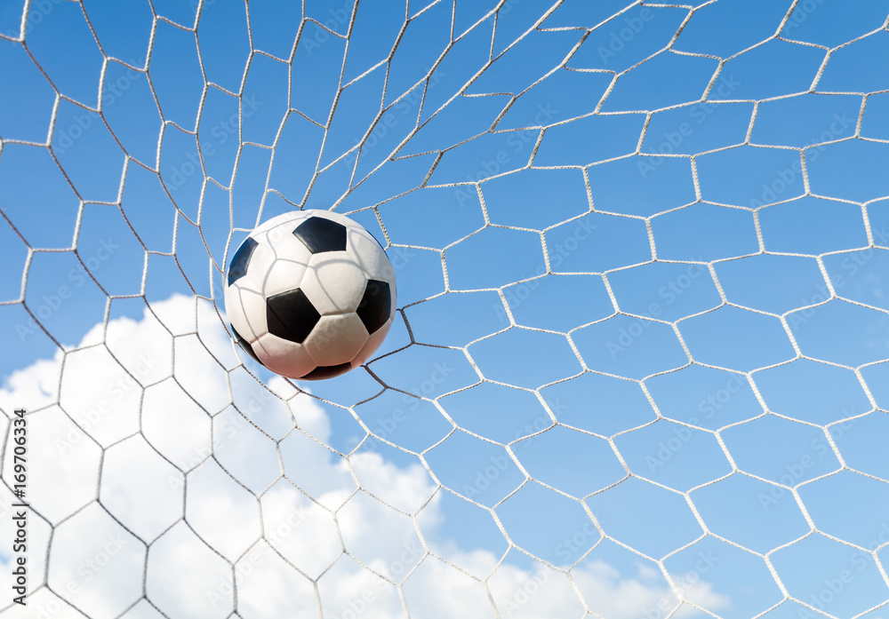 Soccer football in Goal net with the sky field. Stock Photo | Adobe Stock
