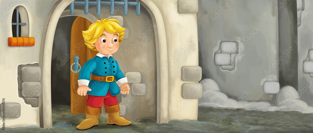 cartoon scene with king welcoming in front of castle gate ...