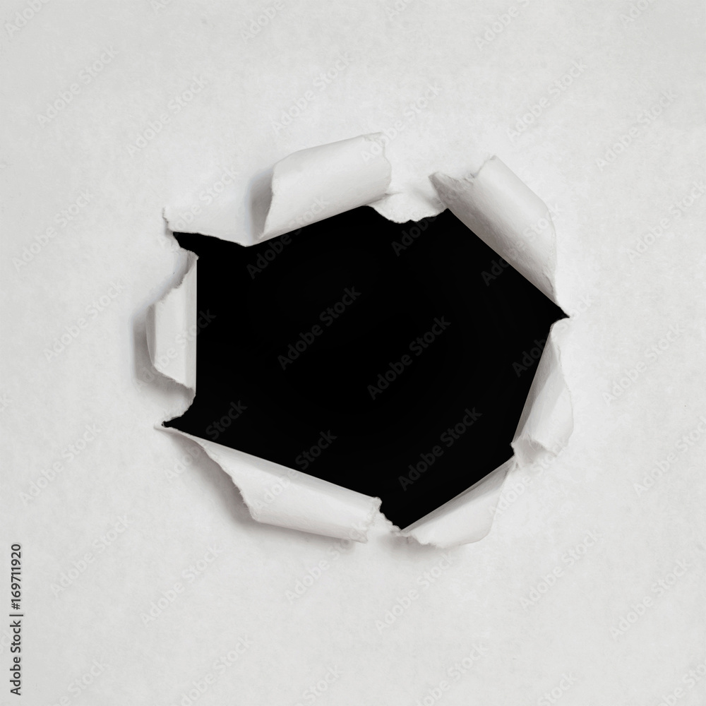 Vector hole in white paper texture with torn sides. Realistic ...