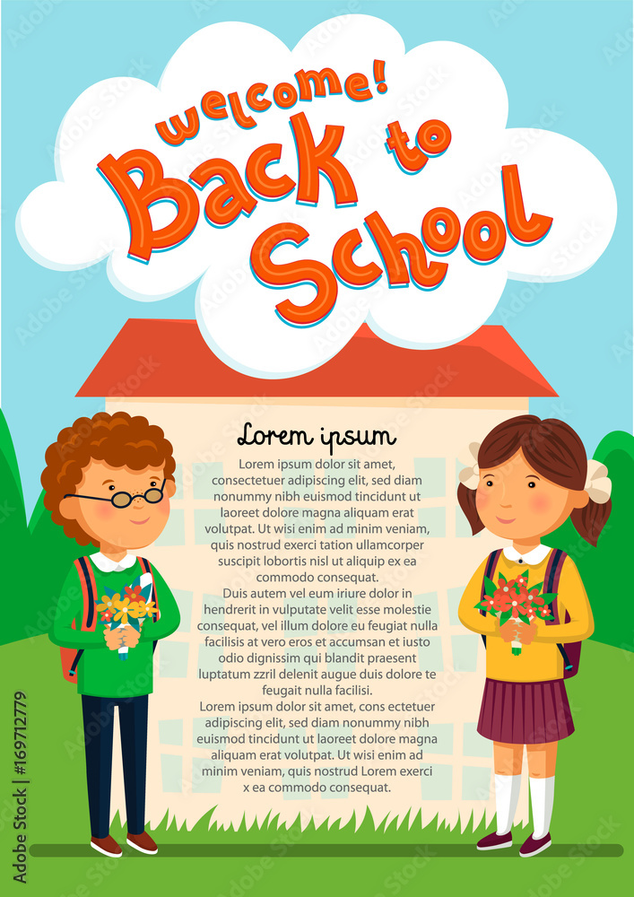 Vector Schoolboy and schoolgirl with welcome text template. Welcome to ...