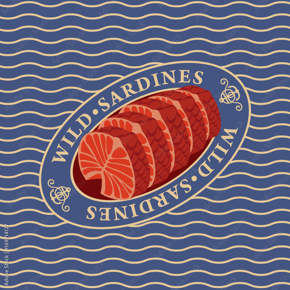 Vector illustration of steaks wild sardines in oval frame on the waves ...