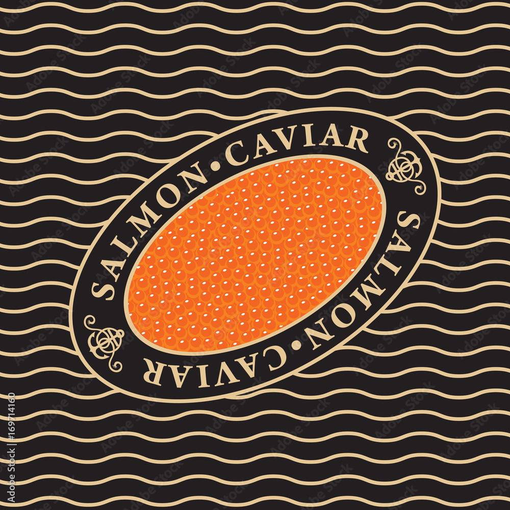 Vector label for salmon red caviar in oval frame on the waves ...