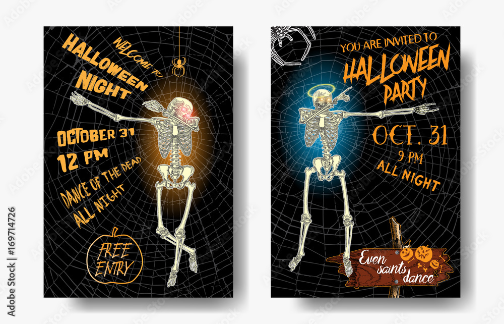 Halloween set of vertical background with skeletons dancing DAB. Flyer ...