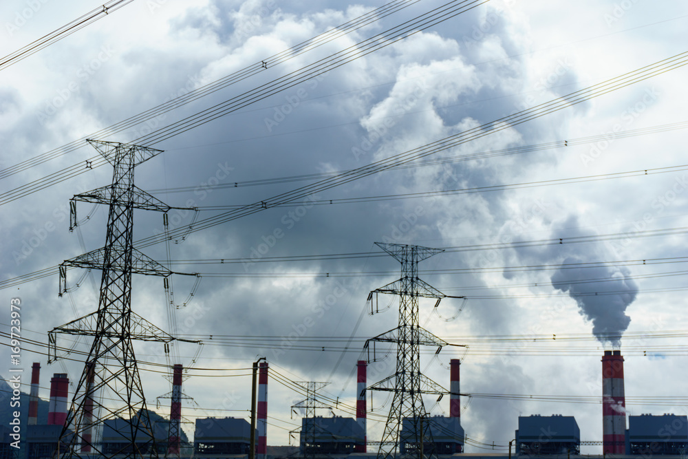 high voltage 500 KV transmission line and pylon with coal fire power ...