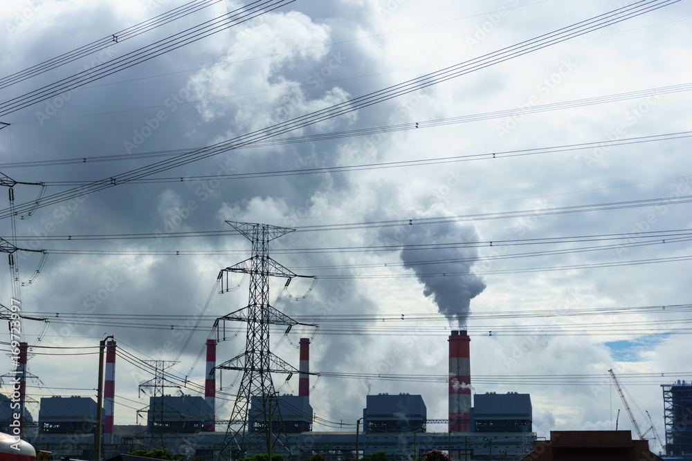 high voltage 500 KV transmission line and pylon with coal fire power ...