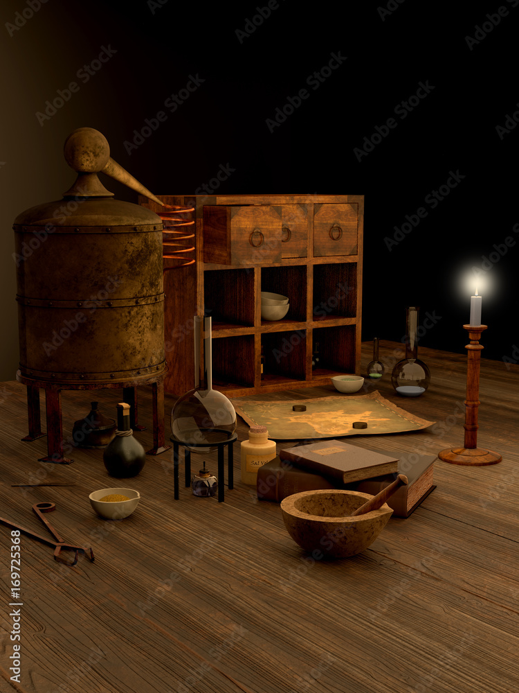 Alchemy Laboratory Still Life - fantasy illustration Stock Illustration ...