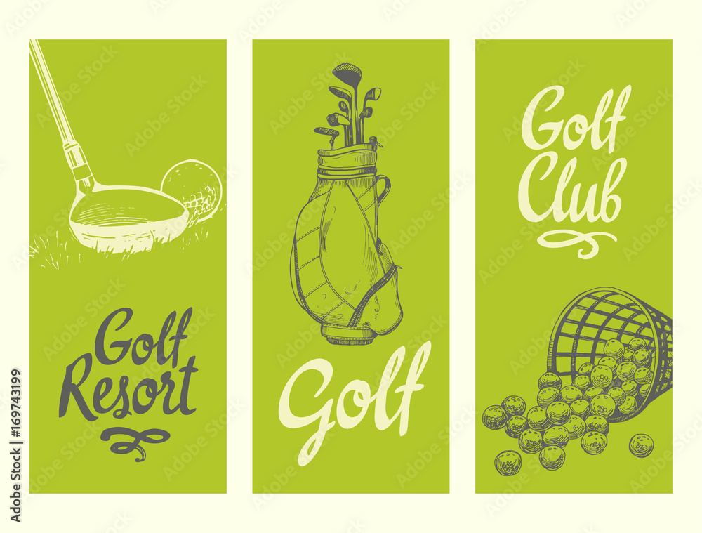 Golf layout banners with ball, backet, bag, clubs. Vector set of hand ...