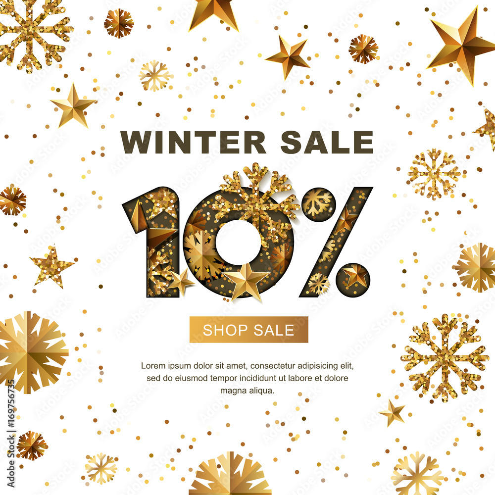 Winter sale 10 percent off, vector banner with 3d gold stars and ...