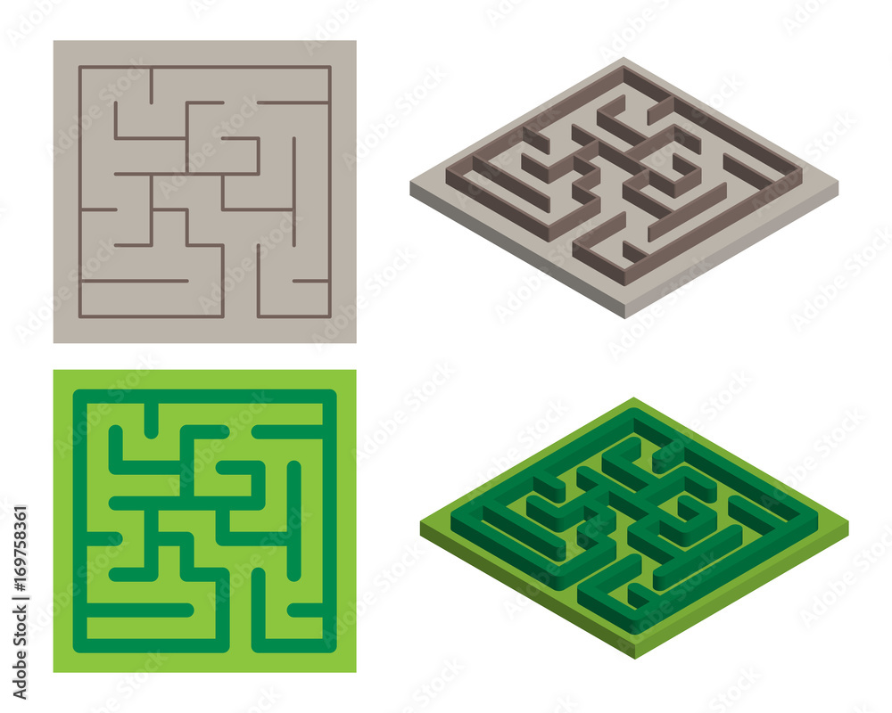 A simple square maze with one entrance, thin brown or thick green hedge ...