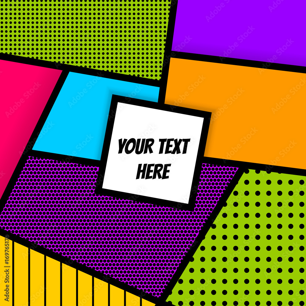 Blank rectangle Lichtenstein, comic advertise text, speech bubble. Pop ...