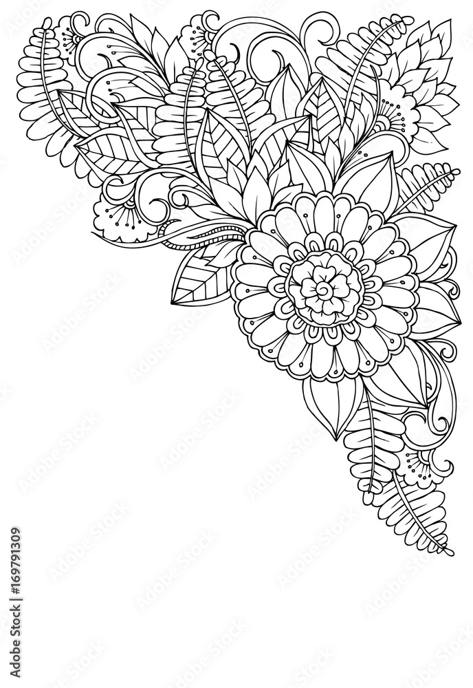Corner flower pattern in black and white. Can use for print , coloring ...