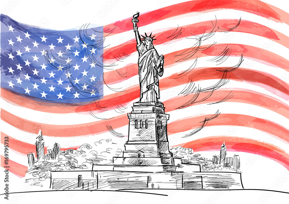 Hand drawn sketch of the American symbol statue of Liberty. Watercolor ...