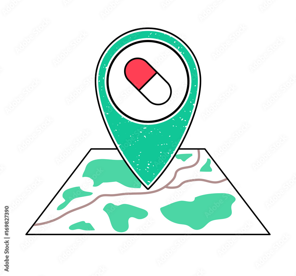 Textured green geotag icon with capsule symbol pointing at a map.GPS ...
