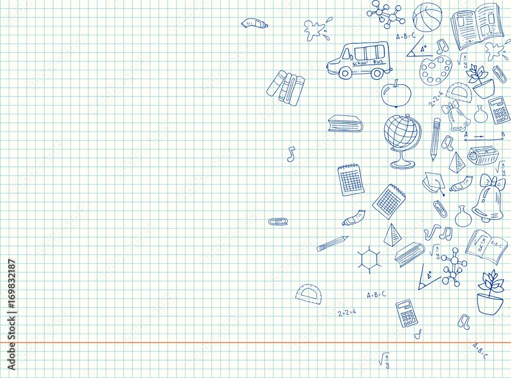 Pattern of school supplies. Doodle drawings drawn with a pen in a ...
