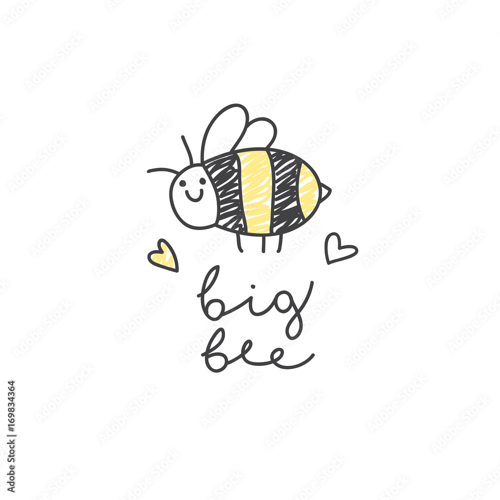 big bee logo, cute hand drawn fat bee with handwritten text on white ...