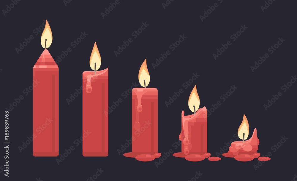 Burning red candle on dark background. Vector flat illustration. Stock ...