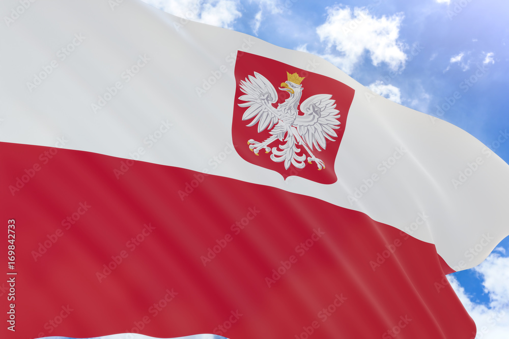 3D rendering of Poland flag waving on blue sky background Stock Photo ...