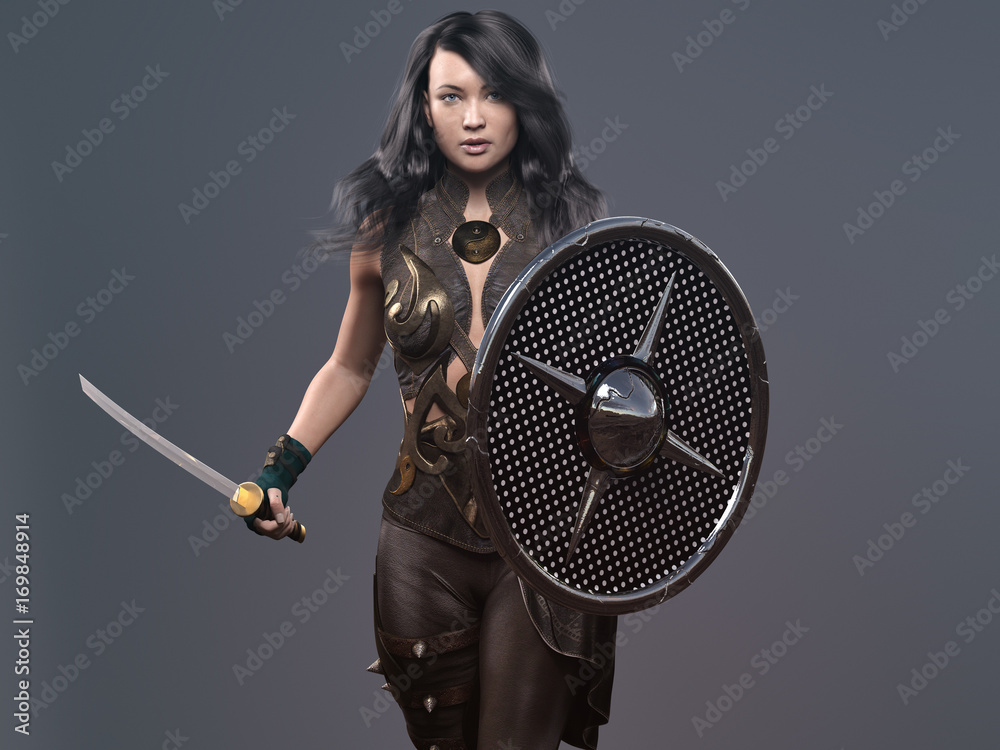 warrior woman character with sword and shield - 3d rendering Stock ...