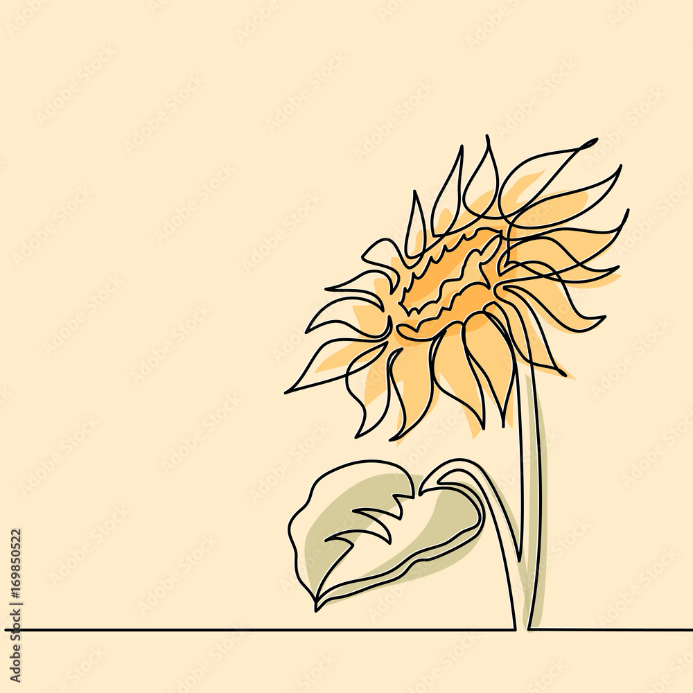 Beautiful yellow sunflower. Continuous line drawing. soft colors Vector ...