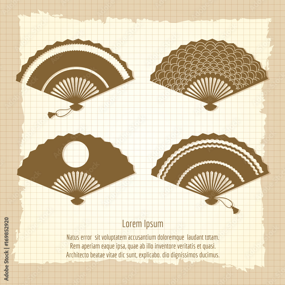 Decorative fan collection on vintage background, vector illustration ...