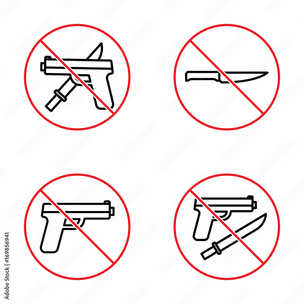 no gun and knife, weapons forbidden signs set on white background Stock ...