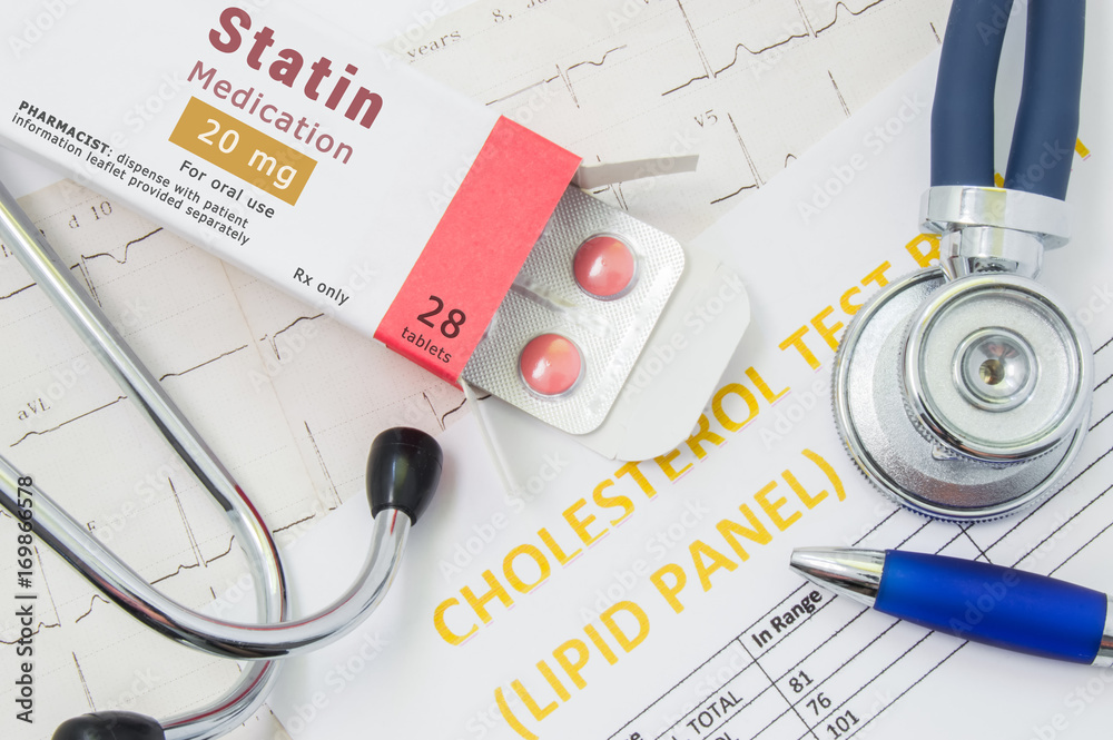 Effects and treatment of statins concept photo. Open packaging with drugs tablets, on which is ...