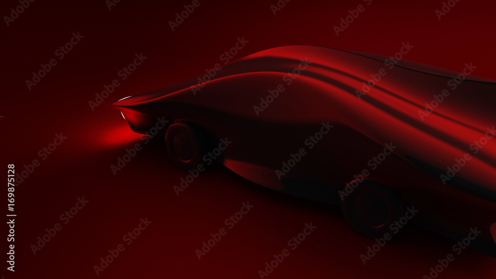 Red futuristic, fantastic background with a sports car. 3d illustration ...