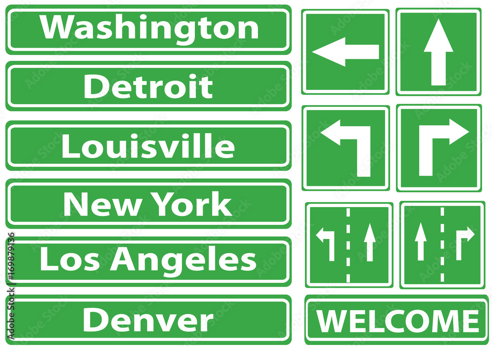 vector drawings of road signs of cities in the United States about ...