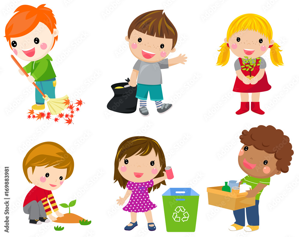 Save Earth. Waste recycling. Children planted young trees. Girl ...