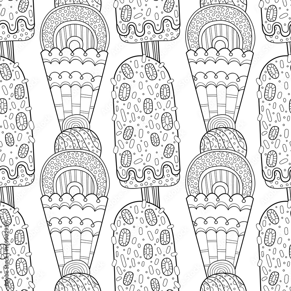 Ice cream, dessert. Black and white illustration for coloring book ...