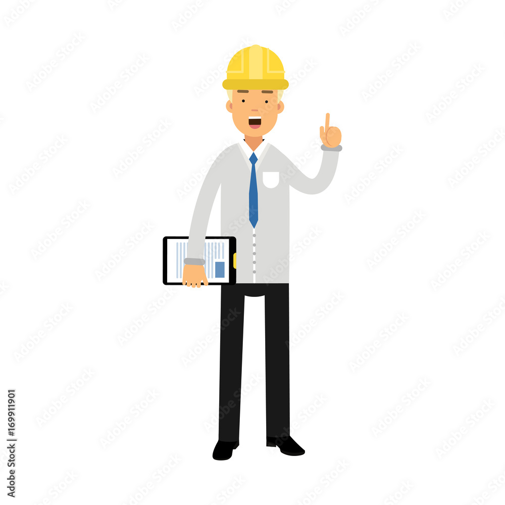 Construction engineer or foreman in hard hat talking and showing hand ...