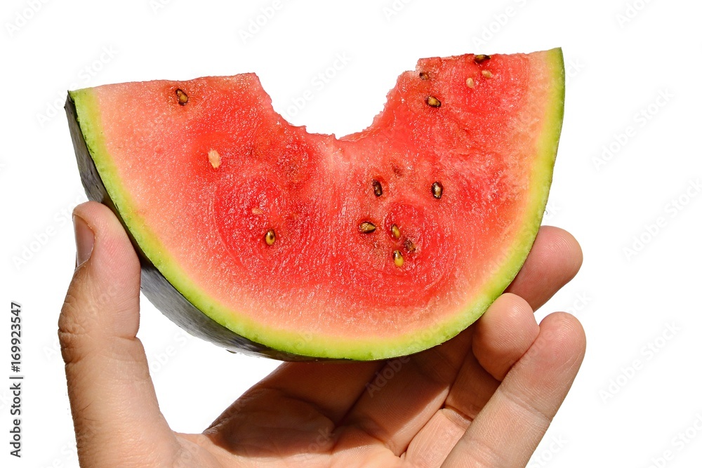 Red mini watermelon Citrullus lanatus var. lanatus piece with premorse ...