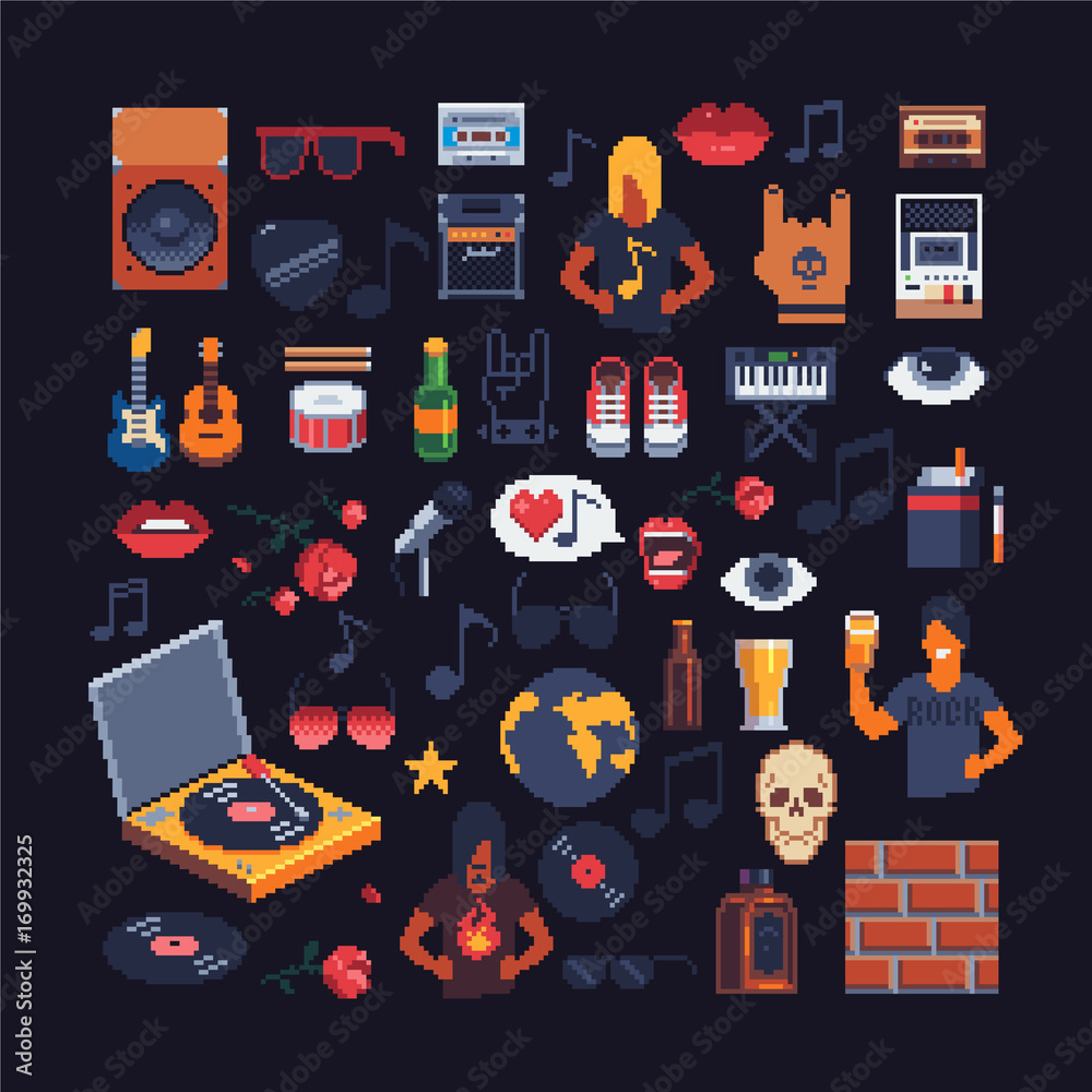 set of music theme accessories pixel art sprites, vector isons. Stock ...
