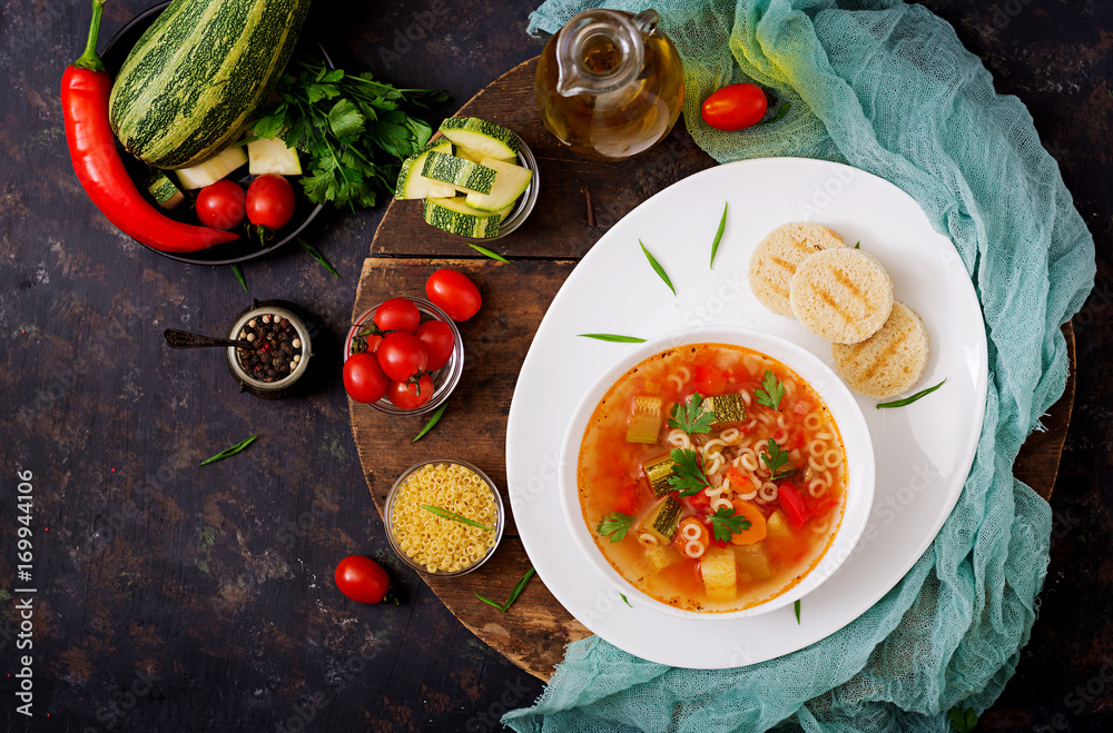 Minestrone - "big soup", soup with many ingredients - a dish of Italian ...