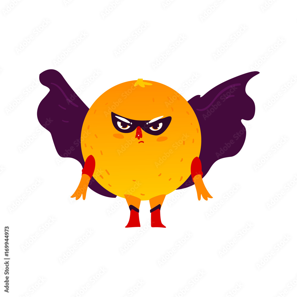 Funny orange fruit hero, superhero character, guard, defendor, flat ...