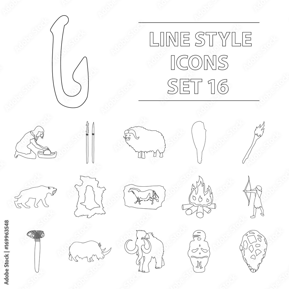 Stone age set icons in outline style. Big collection of stone age ...